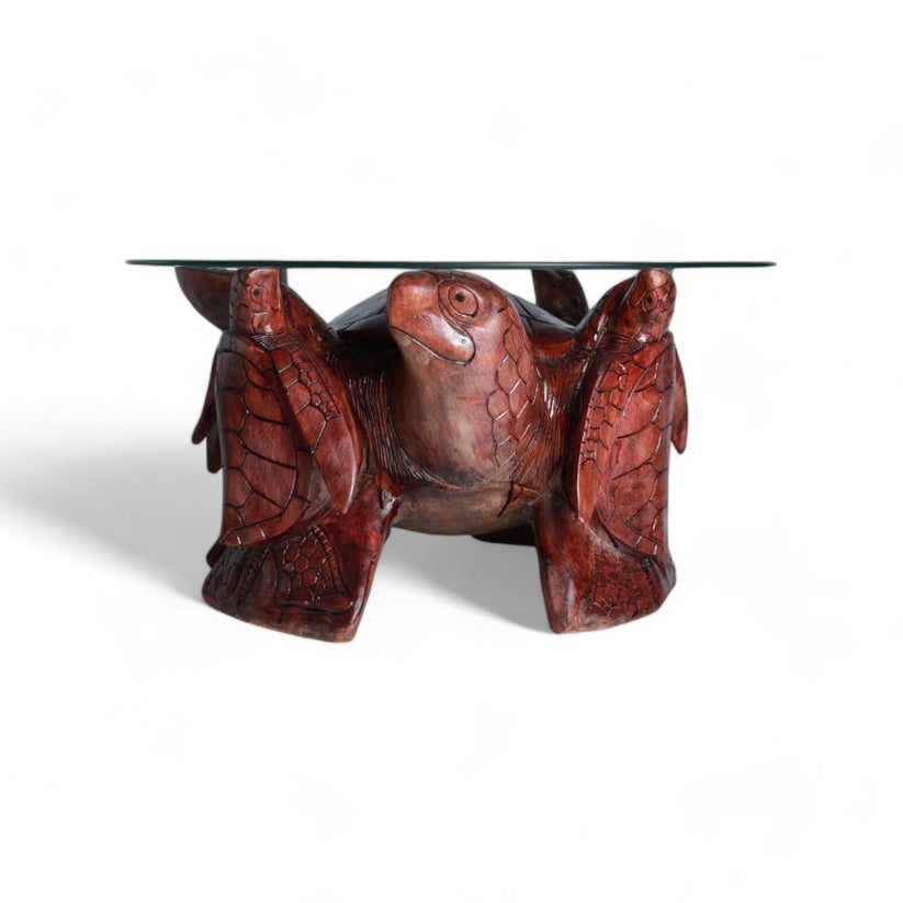 Handcrafted Wooden Table with Elegant Turtles Sculpture – Nature-Inspi ...