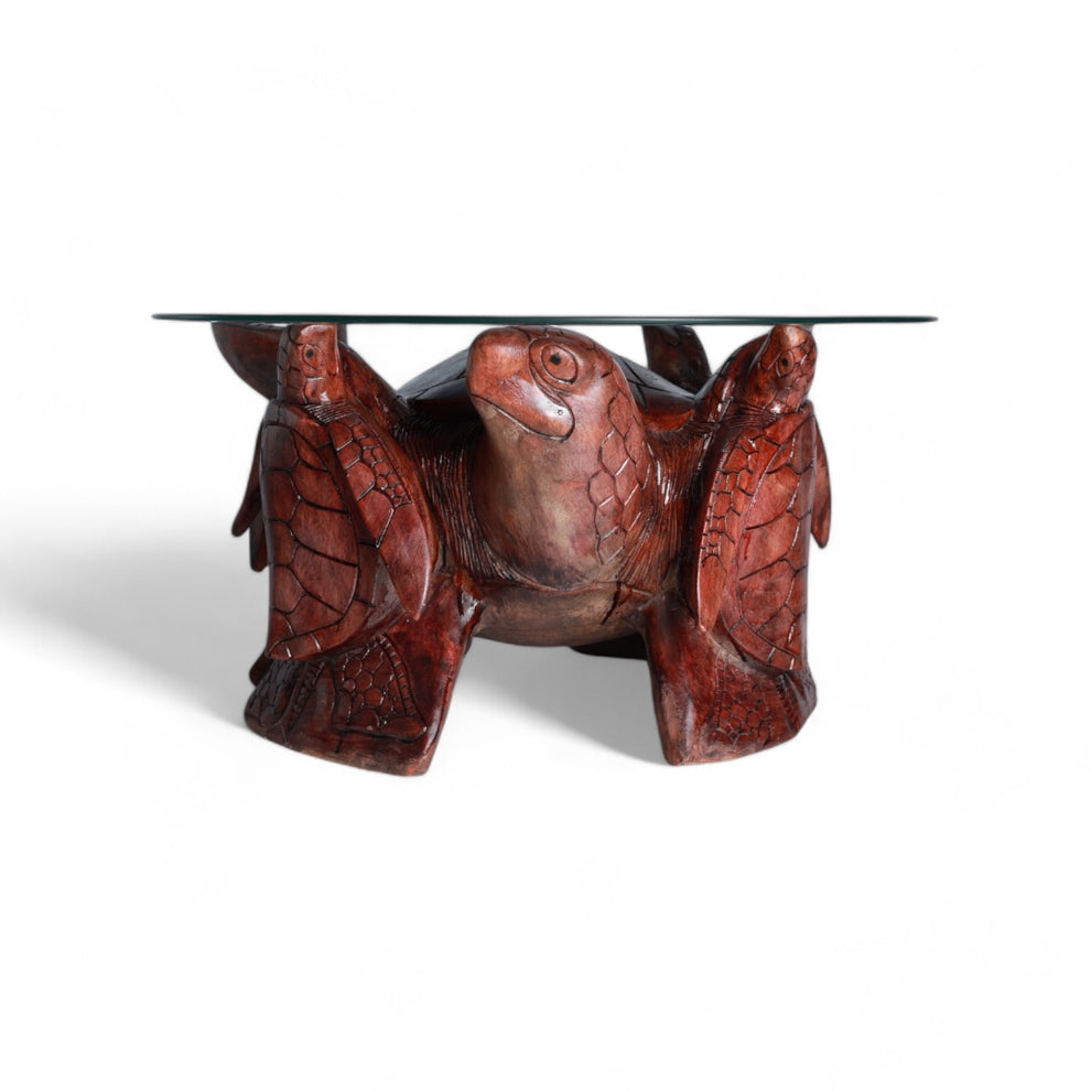 Handcrafted Wooden Table with Elegant Turtles Sculpture – Nature-Inspi ...